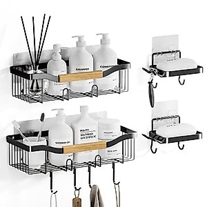 Shower Caddy Bathroom Shelf, 4-Pack Adhesive Shower Organizer with 2 Soap Holders and 16 Hooks, No Drilling Rustproof 304 Stainless Steel Shower Storage Basket Rack for Bathroom & Kitchen Storage