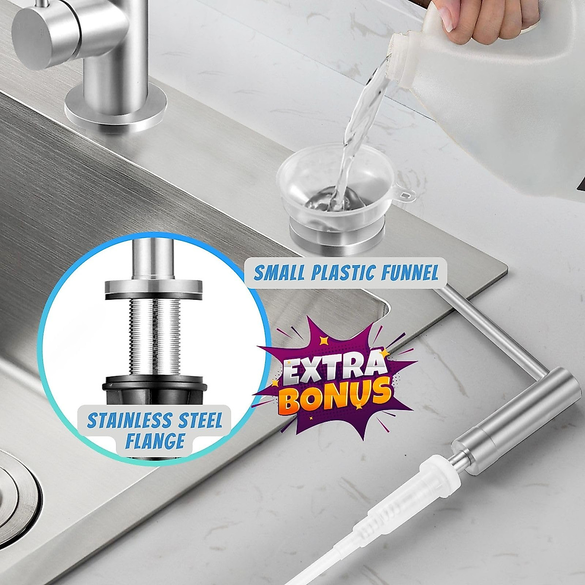 qiwip Long Spout Kitchen Sink Soap Dispenser for Granite & Quartz Countertop- Brushed Stainless Steel Finished- Wide Flange Provides Great Coverage on American Standard Sink Holes