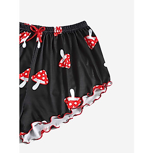 COZYEASE Women's 2 Piece Pajama Set Cartoon Print Lettuce Trim Cami Top and Shorts Cute Sleepwear Black M