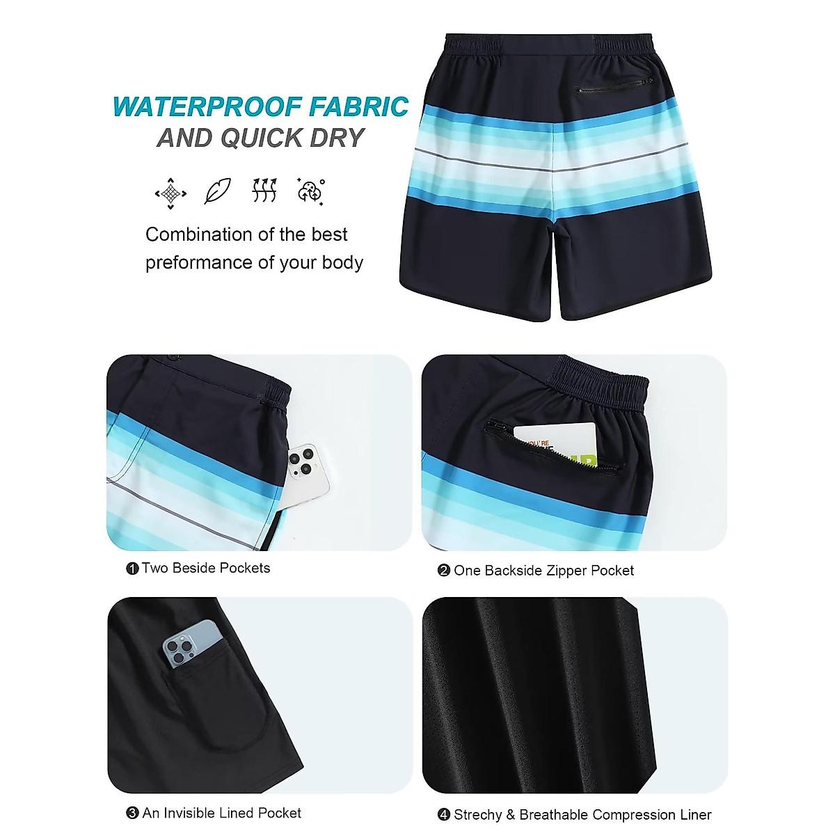 SILKWORLD Mens Swim Trunks 2 in 1 Quick Dry 7 Inch Swimming Shorts with Zipper Pockets, Navy Blue Stripe, Large