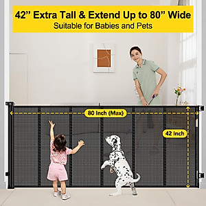 Enhanced 42” Extra Tall & 80” Wide Retractable Baby Gates with Rods to Prevent Crawling Through, Extra Tall Pet Gate for Large Openings Indoor Long Mesh Dog Gate for Stairs and Doorways, Black