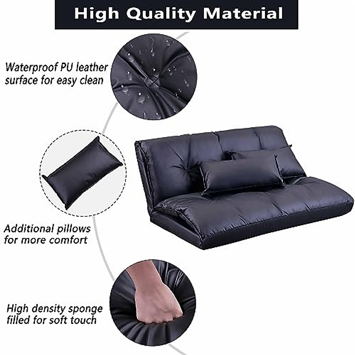 Mdhitsox Floor Sofa Bed with 2 Pillows, Adjustable Lazy Sofa, Folding Futon Couch, Video Gaming Sofa for Bedroom/Living Room/Balcony, Lounge Couch Bed, 5 Reclining Position (Black)