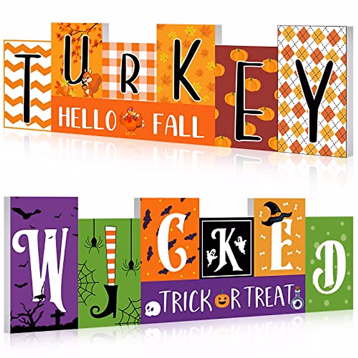 Purpeak Reversible Fall Wooden Table Sign Double Side Halloween and Thanksgiving Tabletop Sign Decor Wicked and Turkey Wood Block Fall Tiered Tray Decor for The Home Shelf Party Decor