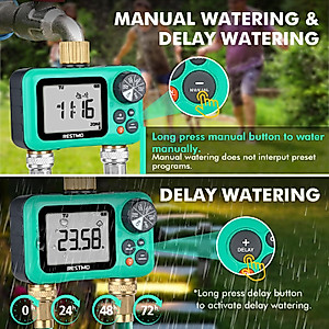 RESTMO Sprinkler Timer with Brass Inlet & Outlet, 2 Zone Programmable Water Timer for Garden Hose, 3 Separate Programs Hose Timer, Manual/Rain Delay/Automatic Watering for Drip Irrigation and Lawn
