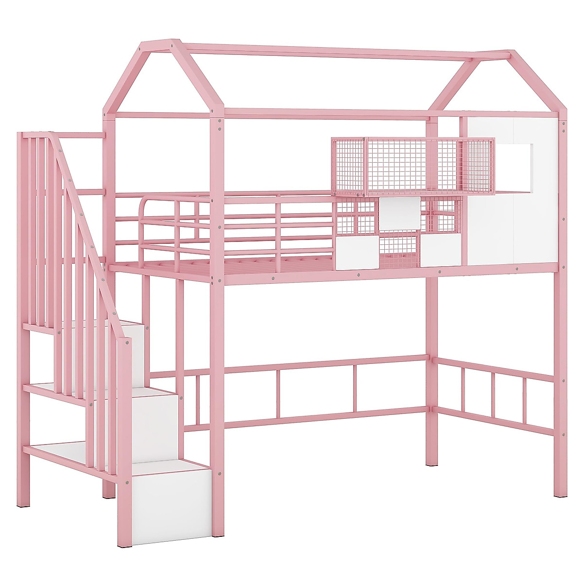 Unique Metal Twin Size House Loft Bed with Roof,Storage Stairs and a Storage Box,for Kids Girls Boys Teens Adults Bedroom Use (Pink@Stairs, Twin)