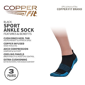 Copper Fit Unisex Copper Infused No Show Socks - 3 Pack , Large/X-Large, Black