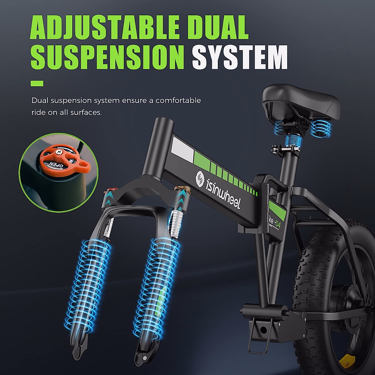 isinwheel D4 Electric Bike Adults with Peak 750W Motor, 20" x 4.0 Fat Tire Foldable Electric Bicycle, 48V 15AH Removable Battery and Dual Suspension System E-Bike for Beach Mountain, Shimano 7-Speed