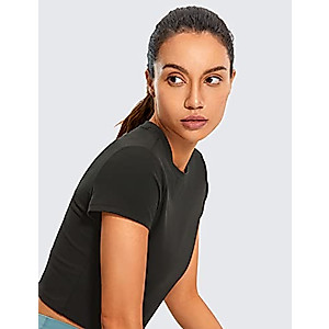 CRZ YOGA Butterluxe Short Sleeve Shirts for Women High Neck Crop Tops Basic Fitted T-Shirt Gym Workout Top Black Medium