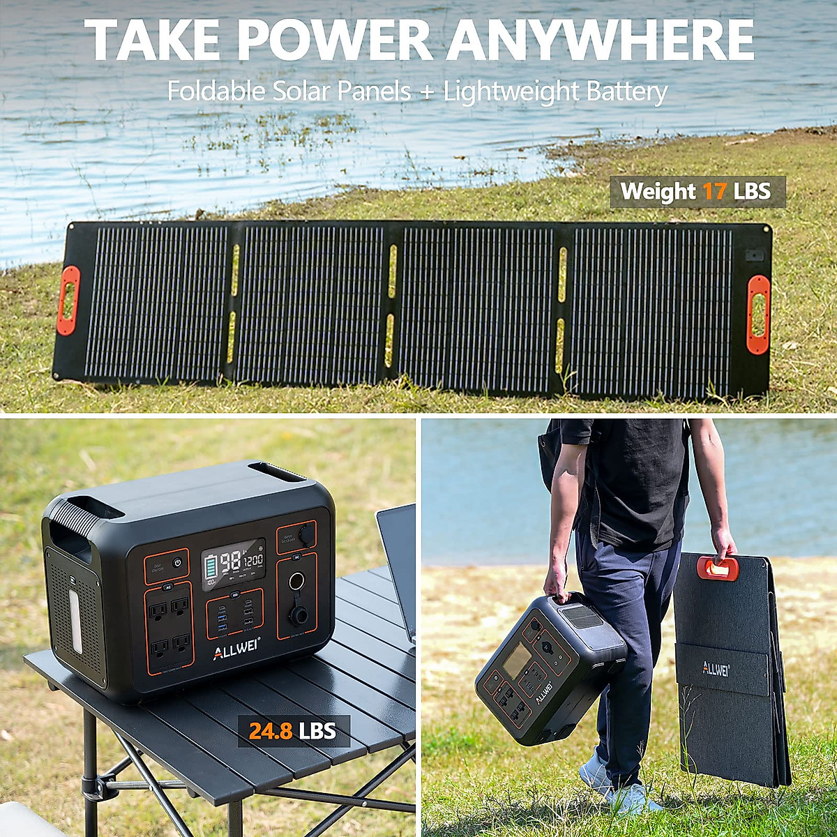 ALLWEI Solar Generator 1200W(Peak 2400W) with 1 * 200W Solar Panel, 1132Wh Portable Power Station, 4* AC Outlet, 6* PD60W USB Outlet, Solar Power Generator for RV/Van Camping Trip Emergency Home Use