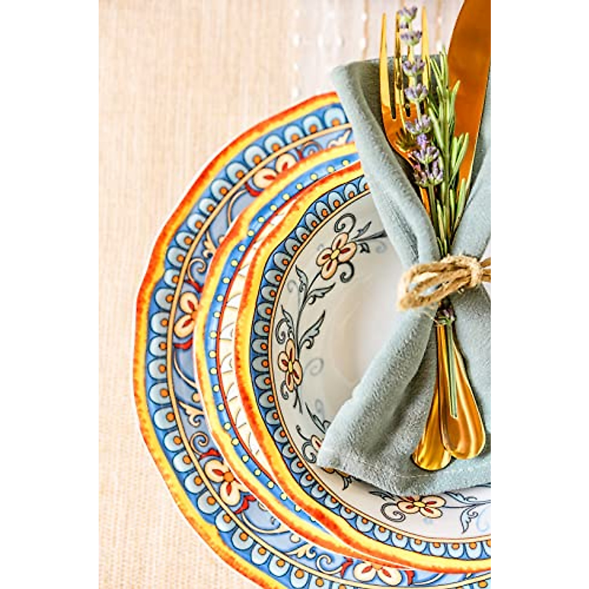 Euro Ceramica Duomo 16 Piece Stoneware Dinnerware Set, Service for 4 – Thanksgiving-Fall-Summer Dishes - Floral Design, Multicolor