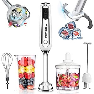 AIFEEL Immersion Hand Blender Set with 5 Accessories, Ice Crusher.Handheld Stick Blender with Milk Frother,500ML Chopper, 600ML Measuring Cup and Egg Whisk(white)