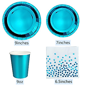 Blue Birthday Party Decorations Party Supplies Heavy Duty Disposable Metallic Blue Paper Plates and Napkins Dinnerware Set for Halloween,Baby Shower,Wedding-125PCS