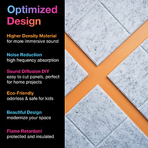 12 X 12 X 0.4 Inches Acoustic Soundproofing Insulation Panel Bevled Edge Tiles, Acoustic Treatment Used in Home & Offices, 9 Blocks Square Design for Home and Office (12 Pack, Silver Grey)