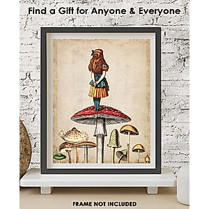 Whimsical Alice Atop Mushrooms Wall Art Print - 11x14 Unframed Picture For Home, Office, Classroom, Dorm, Living Room & Bedroom Decor - Creative Gift Idea For Alice Fans