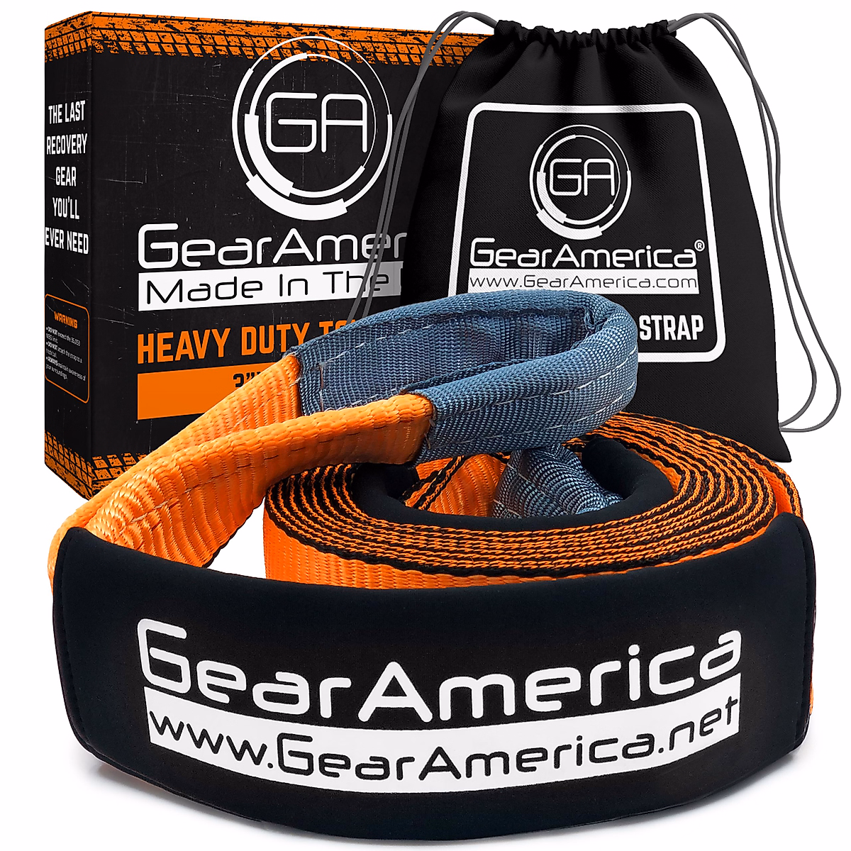 GearAmerica Tow Straps Heavy Duty with Loops 3" x 20' – 35,053 lbs Break Strength – Emergency Off Road Towing Rope & Winch Extension – Triple Reinforced Loops, Protective Sleeves & Storage Bag