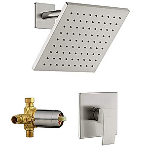 SOKA Shower Faucet Set with 8 Inch Rainfall Shower Head Bathroom Rainfall Shower System Single Function Shower Trim Kit with Rough-In Valve Pressure Balance Square Shower Head Brushed Nickel