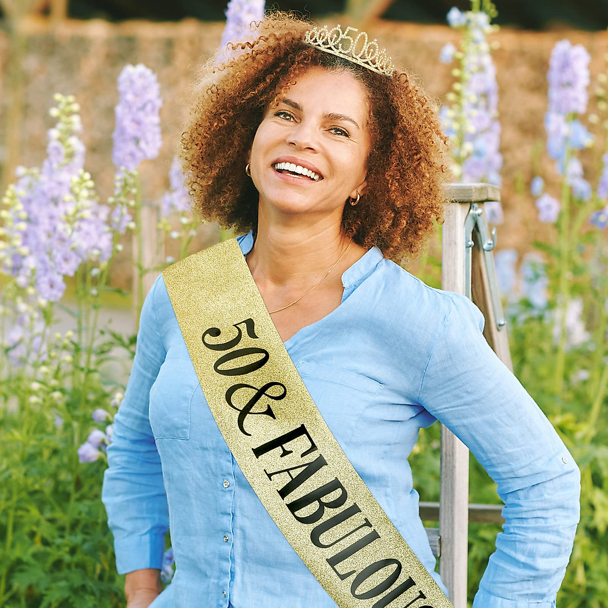 50th Birthday Celebration Set - Gold Pearl Pin, Crown, and Sash - Fabulous Party Favors for Women