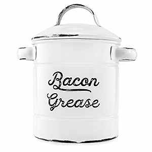 AuldHome Grease Container, White Enamelware Bacon Grease Can with Strainer, Farmhouse Style, Keto-Friendly