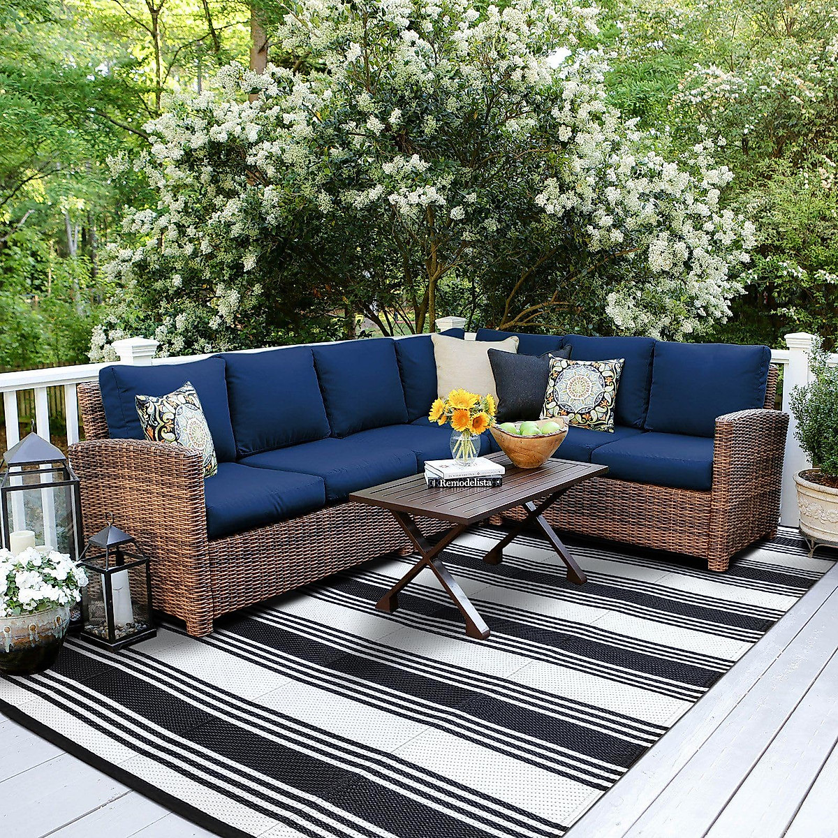 Pcinfuns Plastic Straw Rug,Patio Rugs RV Camping Rug Reversible Mat,6'x9' Reversible Mats Large Floor Mat and Rug for Outdoor,Black & White Thin Stripe