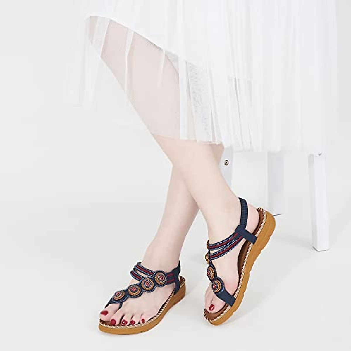 HARENCE Womens Sandals Comfortable Flats Shoes Summer Casual Elastic Ankle Strap Bohemian Beaded Flat Sandals for Women