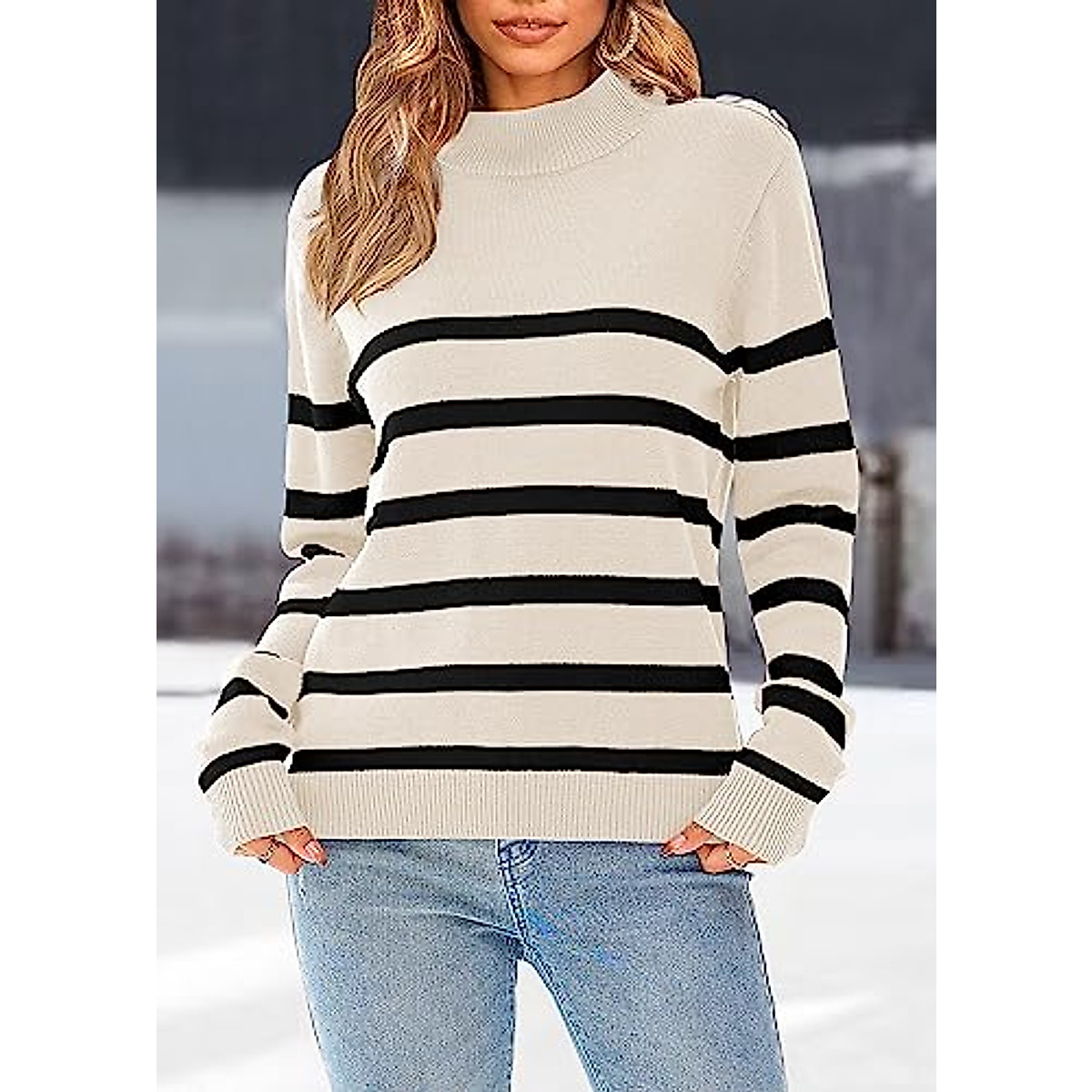 KIRUNDO Women's 2023 Fall Winter Long Sleeve Knit Sweater Turtleneck Striped Loose Pullover Tops Deco with Metal Buttons(White, Small)