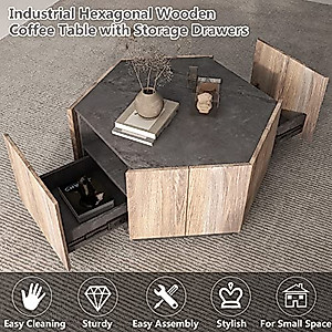 Betoko Industrial Wooden Coffee Table with Storage Drawers Rustic Farmhouse Center Coffee Table for Living Room Office with Cement Pattern Hexagonal Table Top for Small Spaces