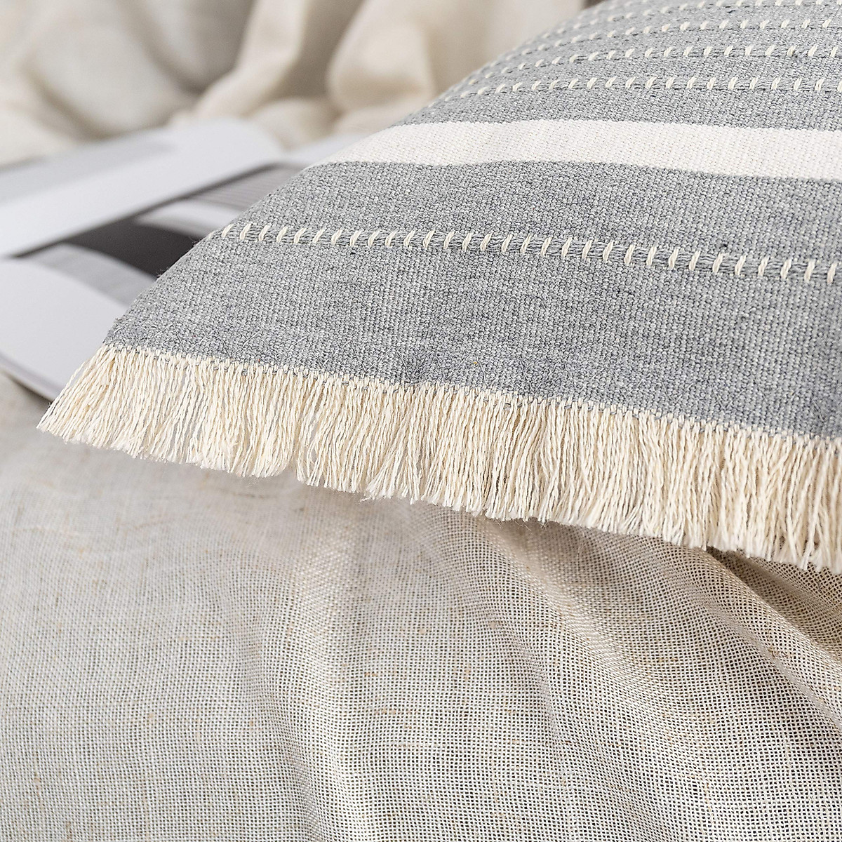 OJIA Modern Throw Pillow Cover with Tassels, Decorative Liana Fringe Accent Cushion Case, Farmhouse Woven Pillowcase for Sofa Chair Couch Bed Decor (Lumbar 12 x 20 Inches, Grey)