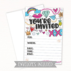 Fun Girl Doodles Invitations (20 Count) With Envelopes - Pre Teen - Tween Birthday Invitations