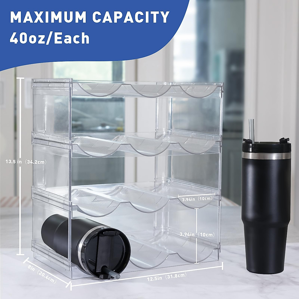 HOGARSWE Water Bottle Organizer, Storage Holder for Kitchen Organization,Fridge, Pantry,Cabinet,Countertop,Cupboard- Plastic Cup Rack Shelf for Wine,Drinks- 4 Layers,Each Rack Holds 3 Containers,Clear