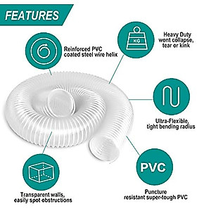 2.5 Inch x 5 Feet Dust Collection Hose - Flexible Clear PVC Contractor Grade Puncture Resistant Dust Debris Fume Hoses - Coated Wire Helix Reinforced - Includes Clamps