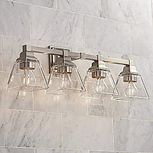 Regency Hill Mencino Mid Century Modern Wall Light Satin Nickel Silver Metal Hardwired 28" Wide 4-Light Fixture Clear Glass Cone Shade for Bathroom Vanity Mirror House Home Room Decor