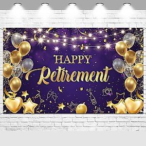 Avezano Happy Retirement Backdrop Purple and Gold Happy Retirement Sign Banner Photo Background with Rope for Retirement Party Decorations (70.8x43.3inch)