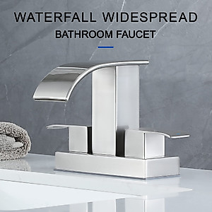 Waterfall Bathroom Sink Faucet - 2 Handle 4 Inch Centerset Faucet for Lavatory Bathroom Sink, with cUPC Faucet Supply Line Hoses for Bathroom Restroom Vanity Lavatory, Brushed Nickel
