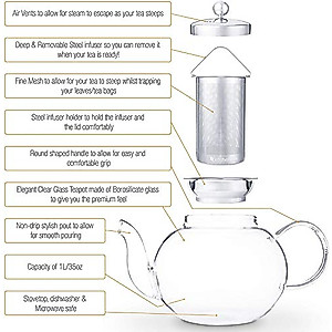 Glass Teapot with Infuser- Glass Tea Kettle for Stove Top with Removable Stainless Steel Strainer, Microwave & Dishwasher Safe, Tea Pot with Blooming, Loose Leaf Tea Sampler, Tea Diffuser & Tea Maker