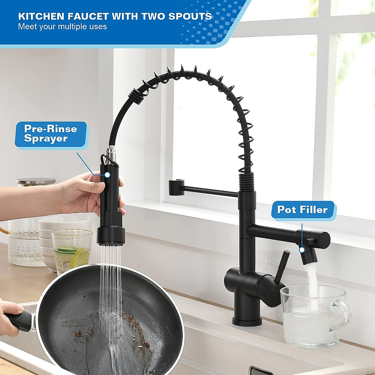 Commercial Faucet with Sprayer, VFAUOSIT Black Kitchen Faucet with Pot Filler Single Handle Lever Pull Down Sprayer Kitchen Sink Faucet, Stainless Steel Faucet for Kitchen Sink, RV Farmhouse