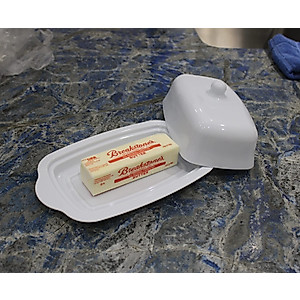 White Plastic Rectangle Butter Dish with Lid Easy Scoop, No Mess Lid Carry Handles and Knob Top BPA Free Holds Full American Bar of Butter