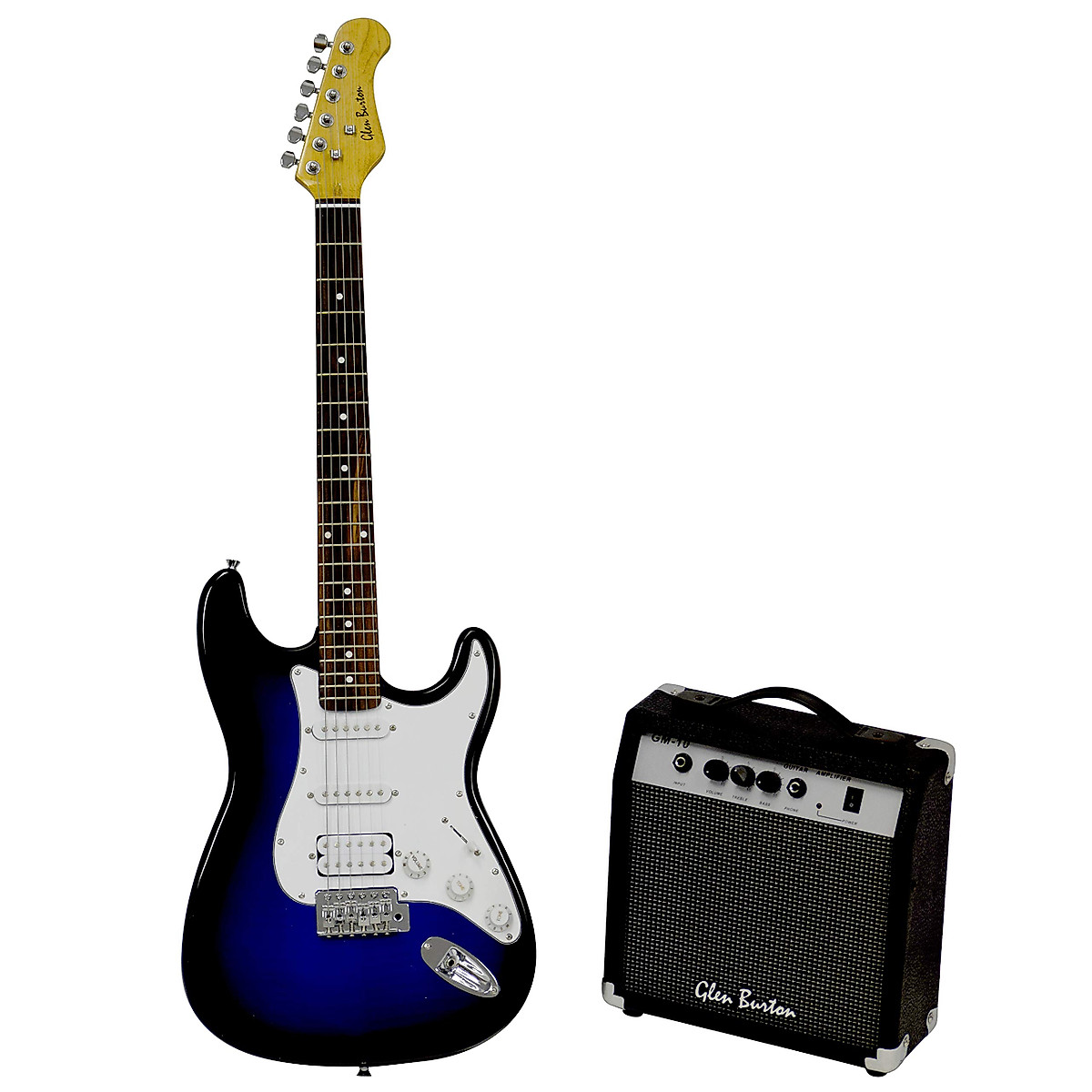 Glen Burton GE101BCO-BLS Electric Guitar Stratocaster-Style Combo with Accessories and Amplifier, Blueburst