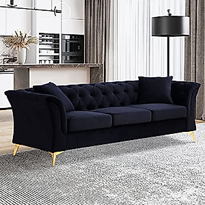 kevinplus 84'' Chesterfield Sofa Couch for Living Room, Modern Velvet 3-Seat Upholstered Sofa Couch for Apartment Bedroom Dorm Office, Strong Gold Metal Legs, 2 Pillows, Black