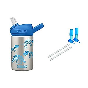 CamelBak Eddy+ Kids Water Bottle, Stainless Steel, 14 oz, Dino Bones - Spill-Proof When Open, Leak-Proof When Closed & Eddy Kids Bottle Accessory 2 Bite Valves/2 Straws, Ice Blue