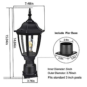FUDESY Outdoor Post Lights, Electric Exterior Lamp Post Light Fixture with Pier Mount Base, LED Bulb Included, Anti Corrosion Black Plastic Materials, 2-Pack Pole Lanterns for Garden, Patio, Pathway