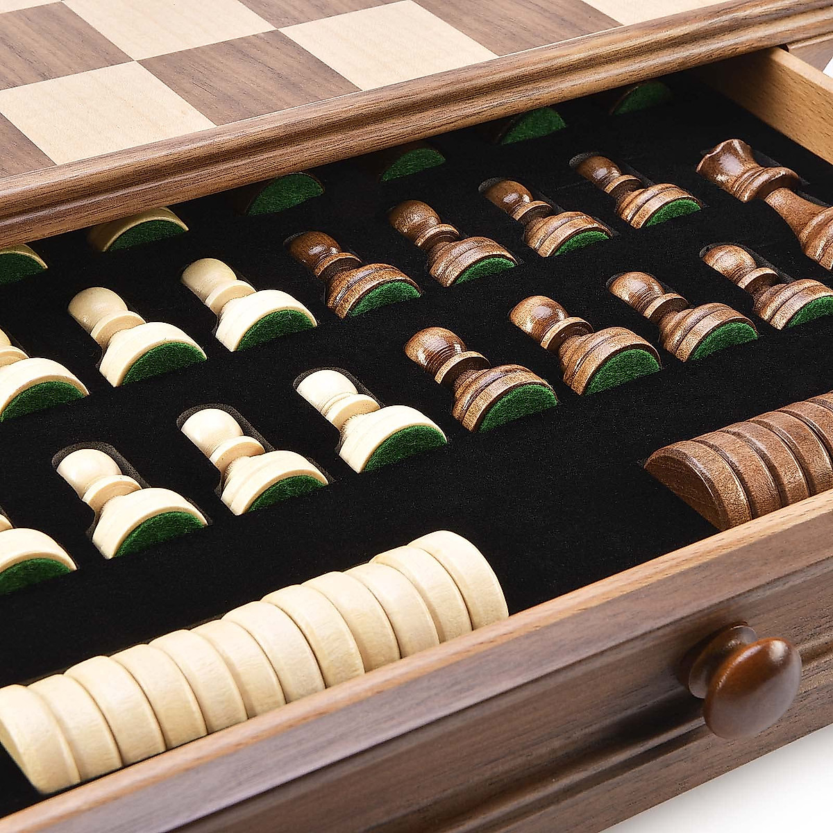 AMEROUS 15" x 15" Wooden Chess & Checkers Set with Built-in Storage Drawers/Weighted Chess Pieces / 2 Bonus Extra Queens / 24 Cherkers Pieces/Classic 2in1 Board Games for Kids, Adults