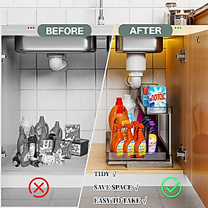 2 Pack Under Sink Organizer and Storage, 2 Tier Sliding Under Sink Shelf, L Shaped Pull Out Cabinet Basket Organizer, Multi-Purpose Slide Out Organizer Rack for Bathroom, Kitchen