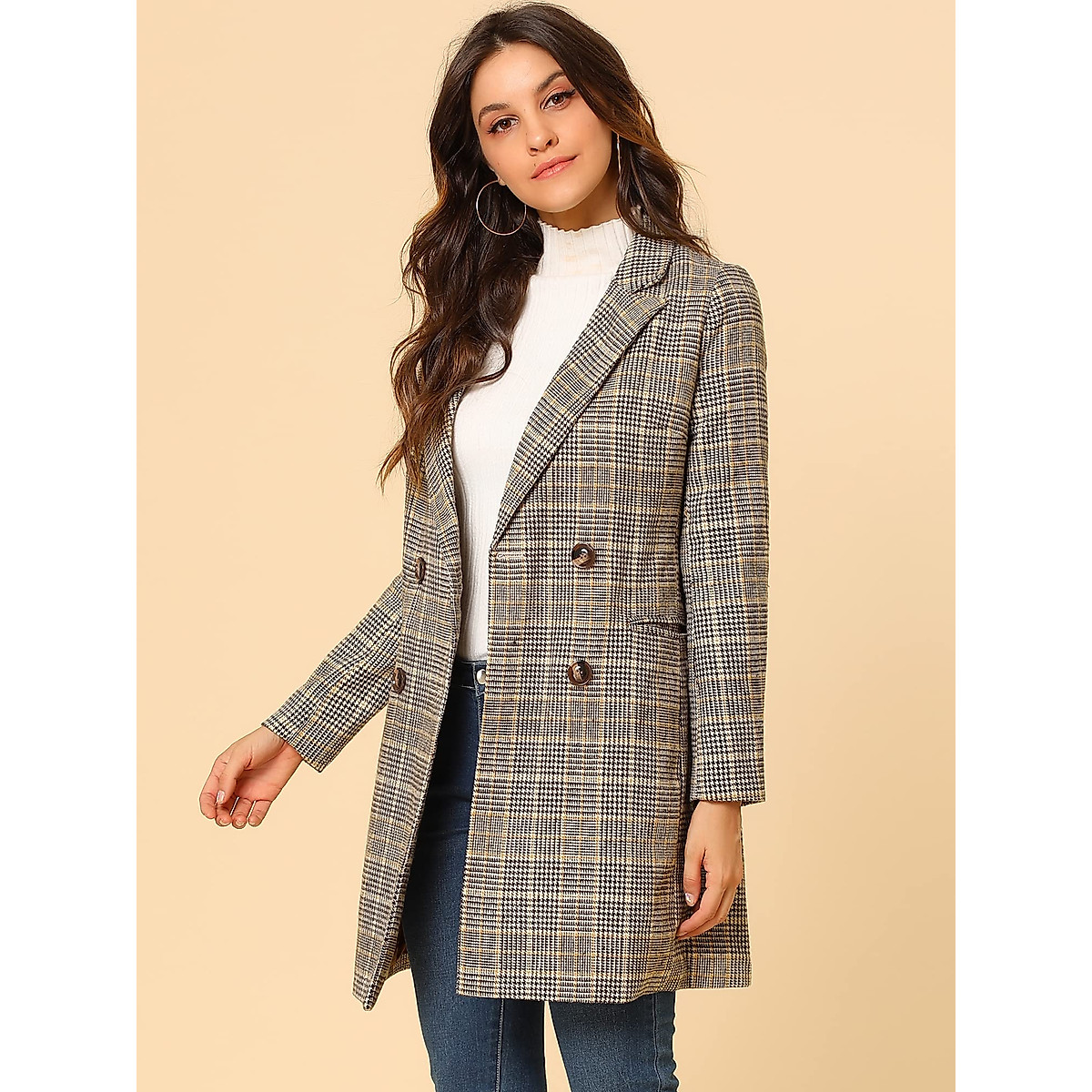 Allegra K Women's Double Breasted Notched Lapel Plaid Trench Blazer Coat Medium Brown