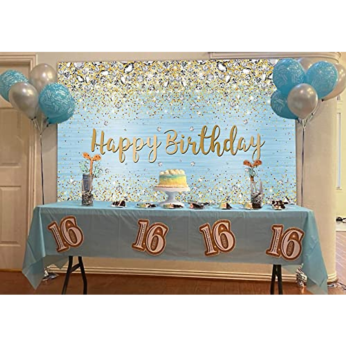 WDA Blue Happy Birthday Backdrop Golden Diamond Shiny Bokeh Photography Background Sweet Girl Party Photo Decoration Banner Dessert Cake Table Supplies (7x5FT)