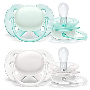 Philips AVENT Ultra Soft Pacifier, 0-6 Months, Arctic White/Green, 4 Pack, SCF214/40