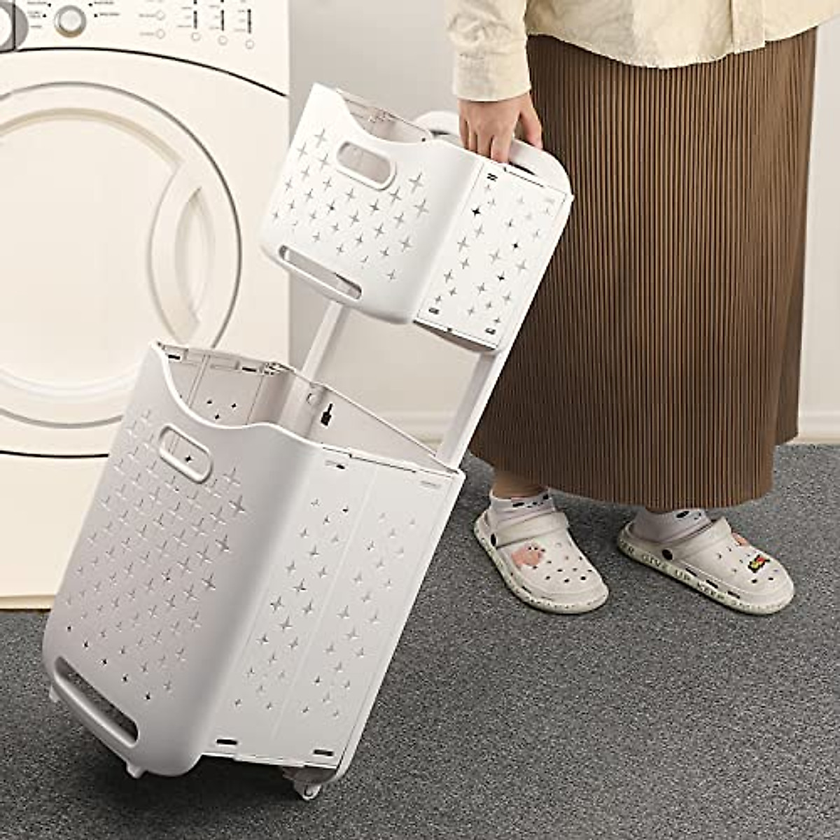 BTSKY Plastic Collapsible Laundry Baskets Wall Hanging Dirty Clothes Hamper with Hidden Pull-rod Multifunctional Plastic Laundry Baskets for Laundry Room Organization Bathroom Hotel and Camping, White