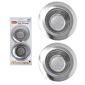Makerstep 2 Pack of Stainless Steel Sink Drain Strainer Baskets 4.5 Inch Diameter. Kitchen Stopper. for Dishes, Garbage Disposal, Large Wide Rim Prevents Clogged Drains Catcher. Fine Mesh.