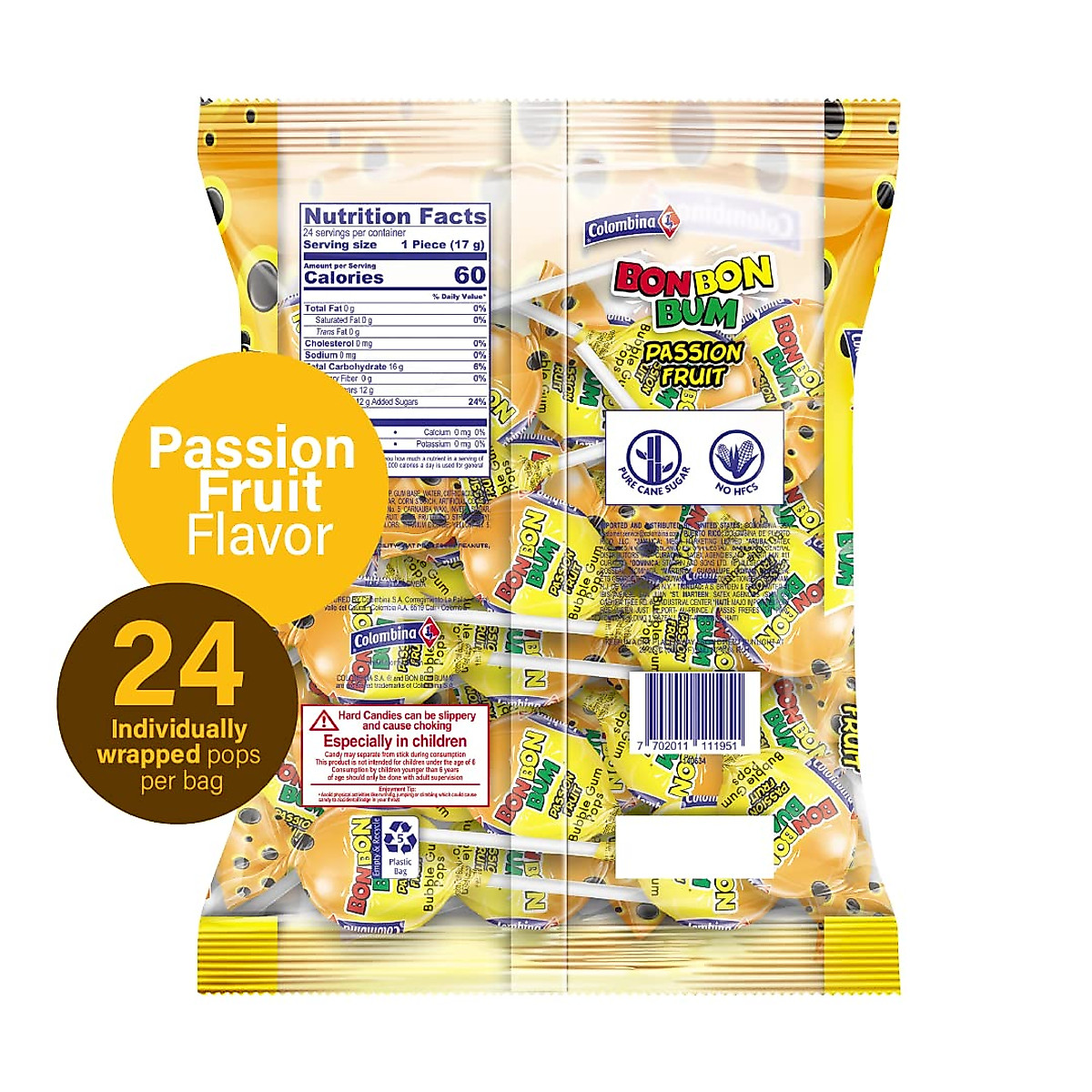 Colombina Bon Bon Bum Lollipops w/Bubble Gum Center, Passion Fruit Flavor, Individually Wrapped, Ideal for Party Favors and Gifts, 1 Pack (24 Count)