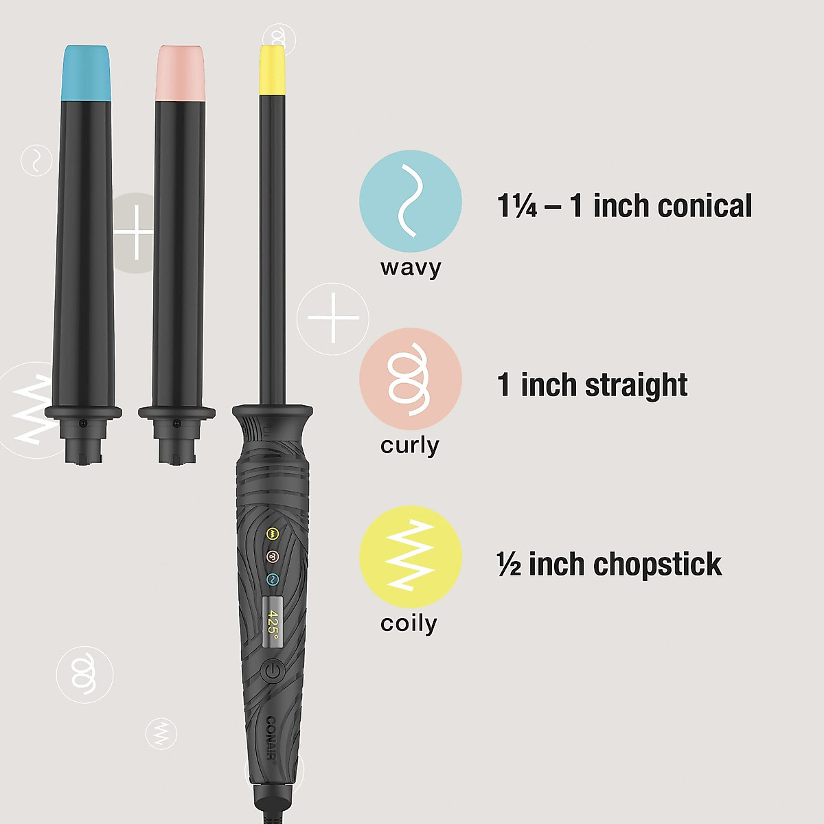 Conair The Curl Collective 3-in-1 Ceramic Curling Wand, 3 Interchangeable Barrels Designed to Create a Specific Curl Pattern - Chopstick, 1-inch, and 1 1/4-inch to 1-inch Tapered Barrel
