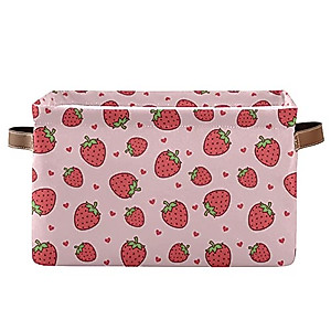 ALAZA Pink Love Heart Strawberry Large Storage Basket with Handles Foldable Decorative 1 Pack Storage Bin Box for Organizing Living Room Shelves Office Closet Clothes